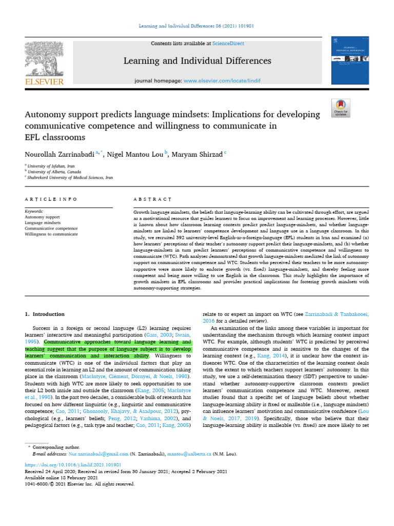 Autonomy Support Boosts EFL Mindsets | PDF | Mindset | Motivation