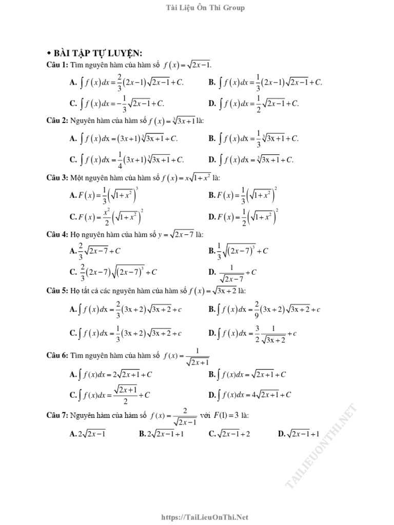 BTVN - Nguyên Hàm CH A Căn | PDF