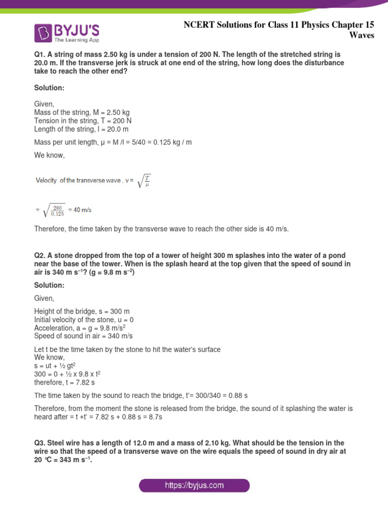 NCERT Solutions For Class 11 Physics Chapter 15 Waves | PDF | Waves | Sound