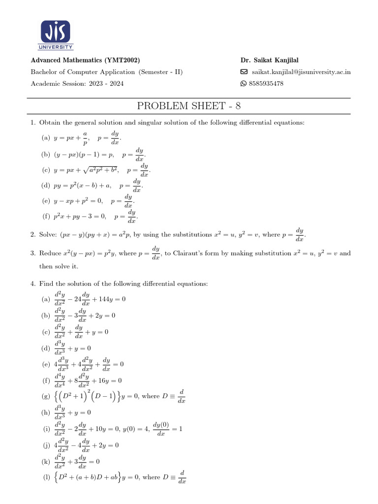 YMT2002_Problem Sheet - 8 | PDF | Mathematical Analysis | Equations