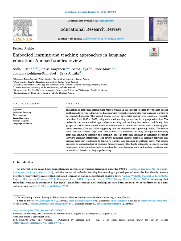 Embodied learning and teaching approaches in language | PDF | Embodied Cognition | Qualitative ...