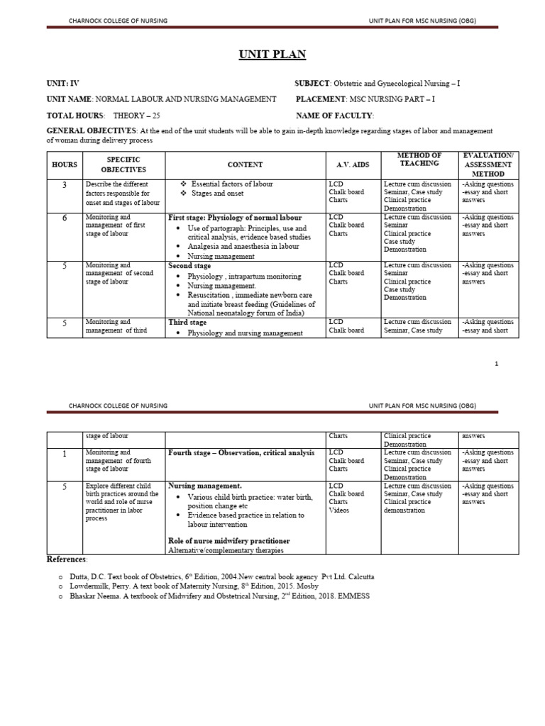 Obg Unit - Plan | PDF | Childbirth | Nursing