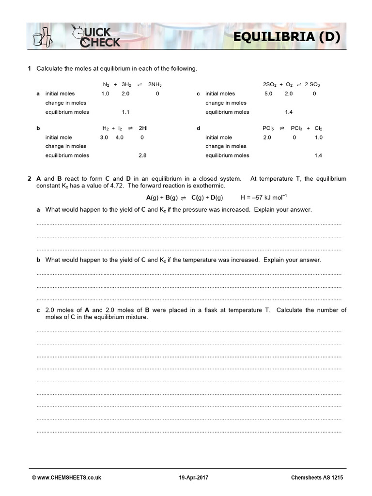 Chemsheets As 1215 QC Equilibria D | PDF | Chemical Equilibrium ...