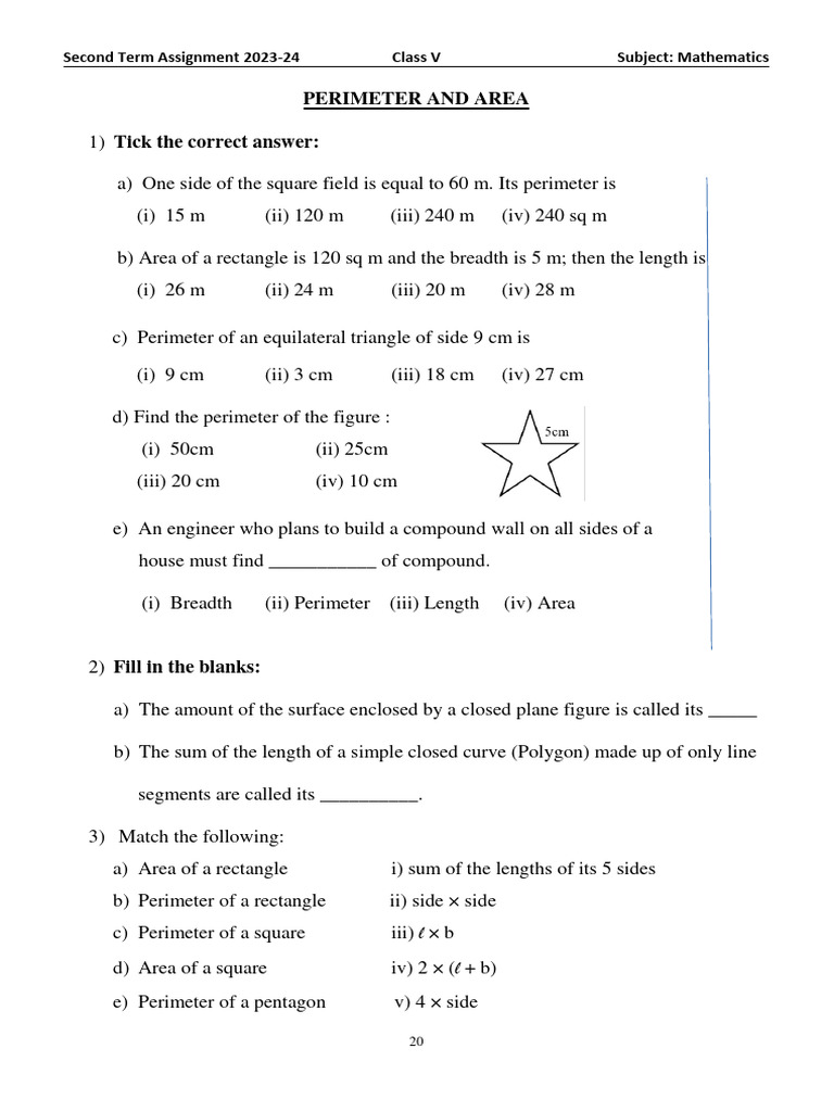 Perimeter and Area: Second Term Assignment 2023-24 Class V Subject: Mathematics | PDF | Area | Litre
