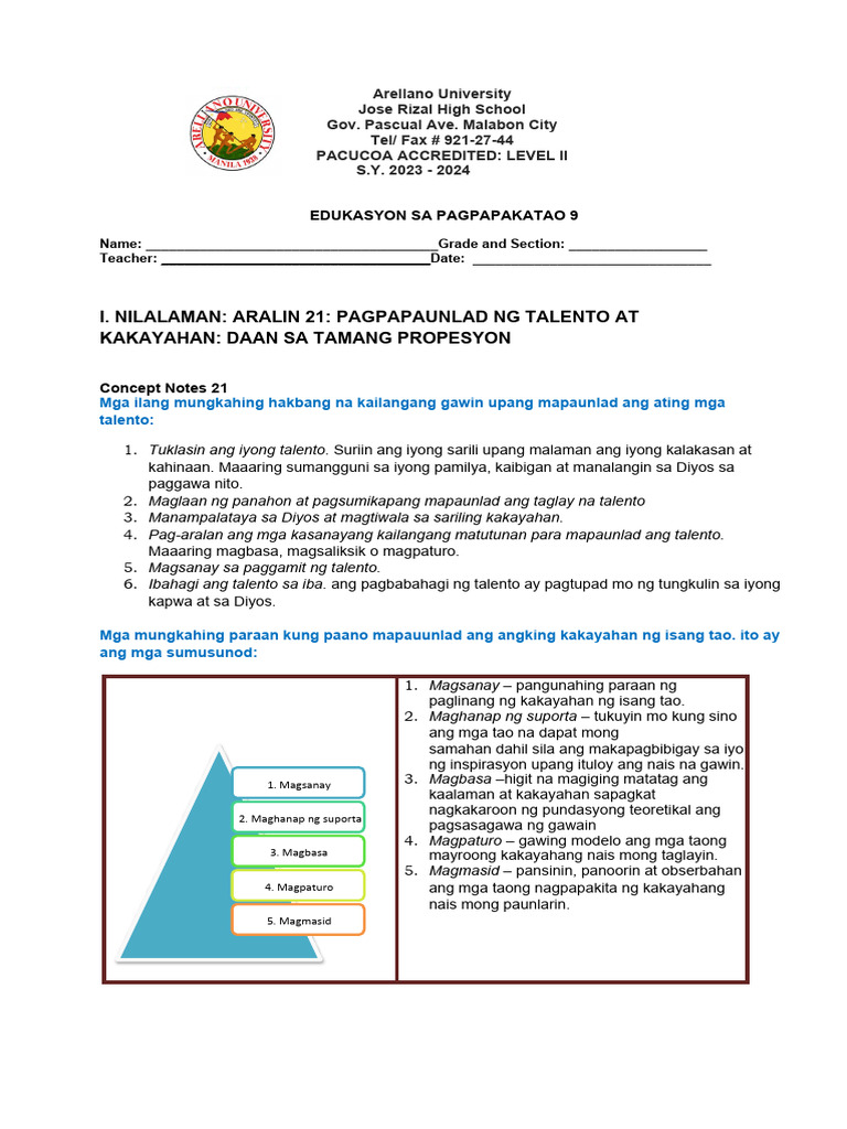 Esp 9 Aralin 21 Pagpapaunlad NG Talento at Kakayahan Daan Sa Tamang Propesyon | PDF