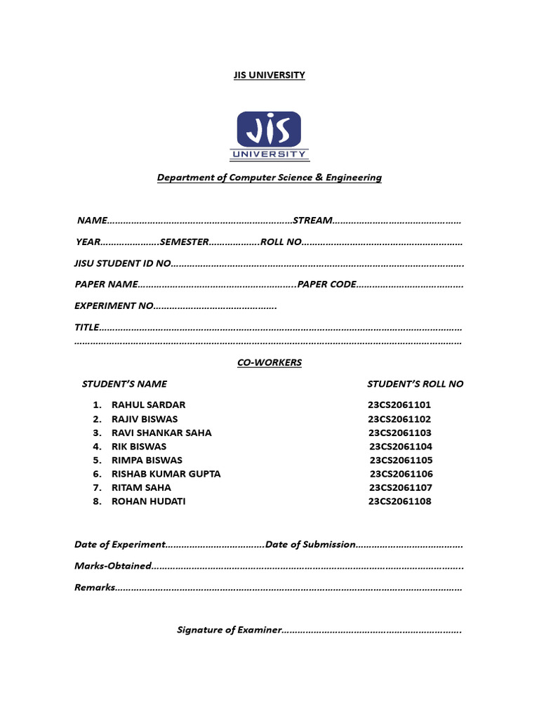 JIS University Computer Science Experiment Report | PDF