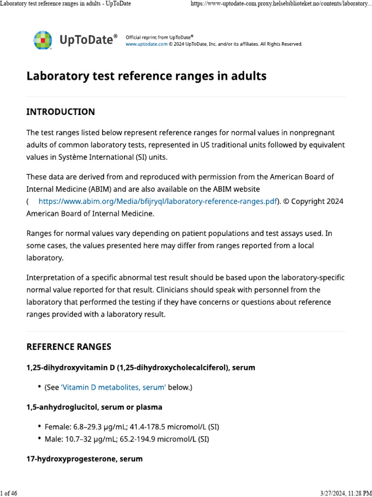 Laboratory Test Reference Ranges in Adults UpToDate | PDF