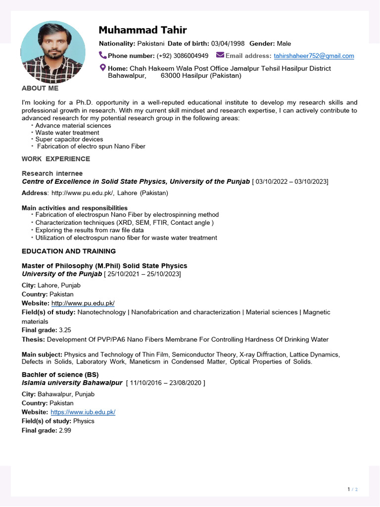 Tahir CV | PDF | Nanotechnology | Solid