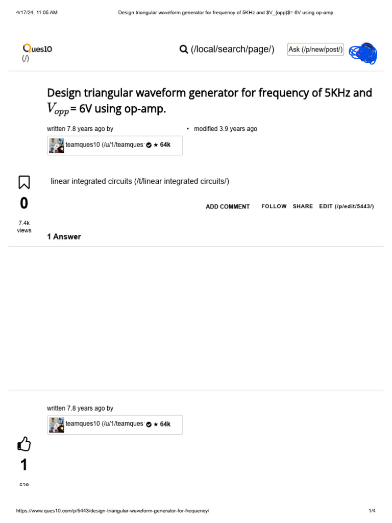 Design Triangular Waveform Generator For Frequency of 5KHz and $V ...