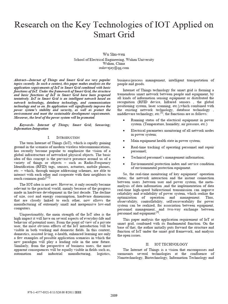 2011 - Research On The Key Technologies of IOT Applied On Smart Grids | PDF | Internet Of Things ...