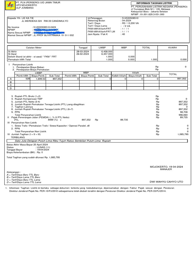 Contoh Invoice Tagihan Listrik PLN | PDF
