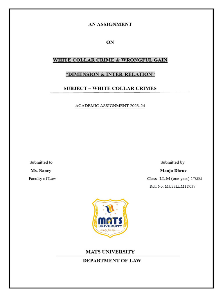 An ASSIGNMENT White Collar Crimes LLM Final Draft by Manju Dhruv | PDF | Crimes | Crime & Violence