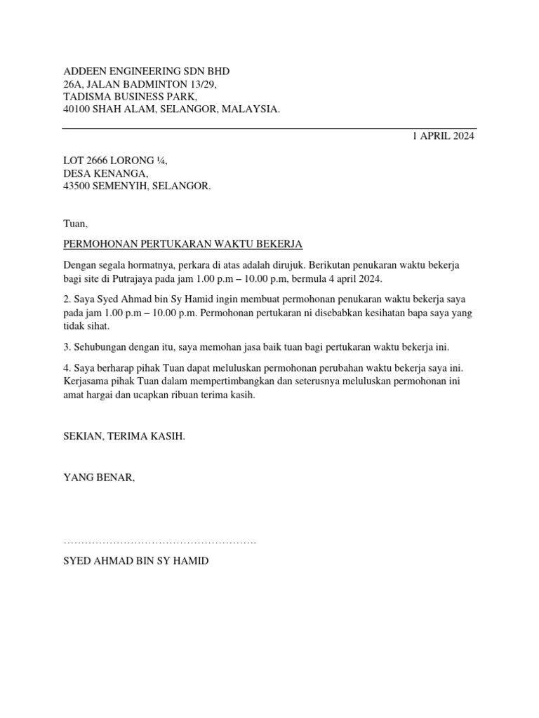 Surat Waktu Kerja | PDF