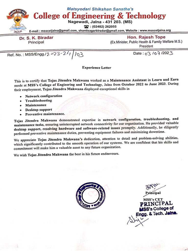 MSSCET Experience Letter | PDF