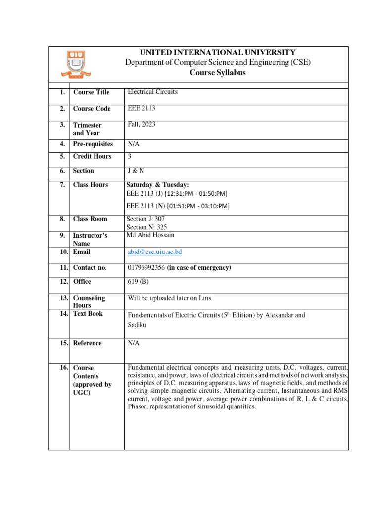 EEE 2113 Electrical Circuits Syllabus | PDF | Electrical Network ...