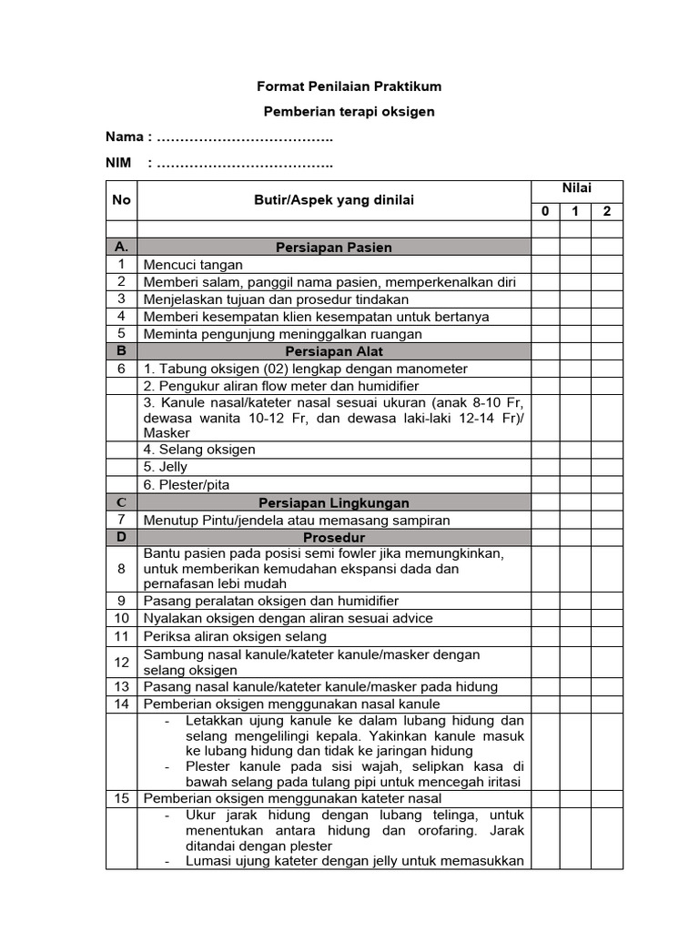 Format Penilaian Praktikum Pemasangan Oksigen | PDF