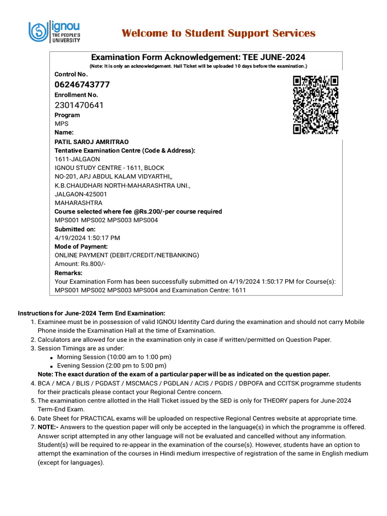 IGNOU - Examination Form Acknowledgement | PDF | Payments | Banking ...