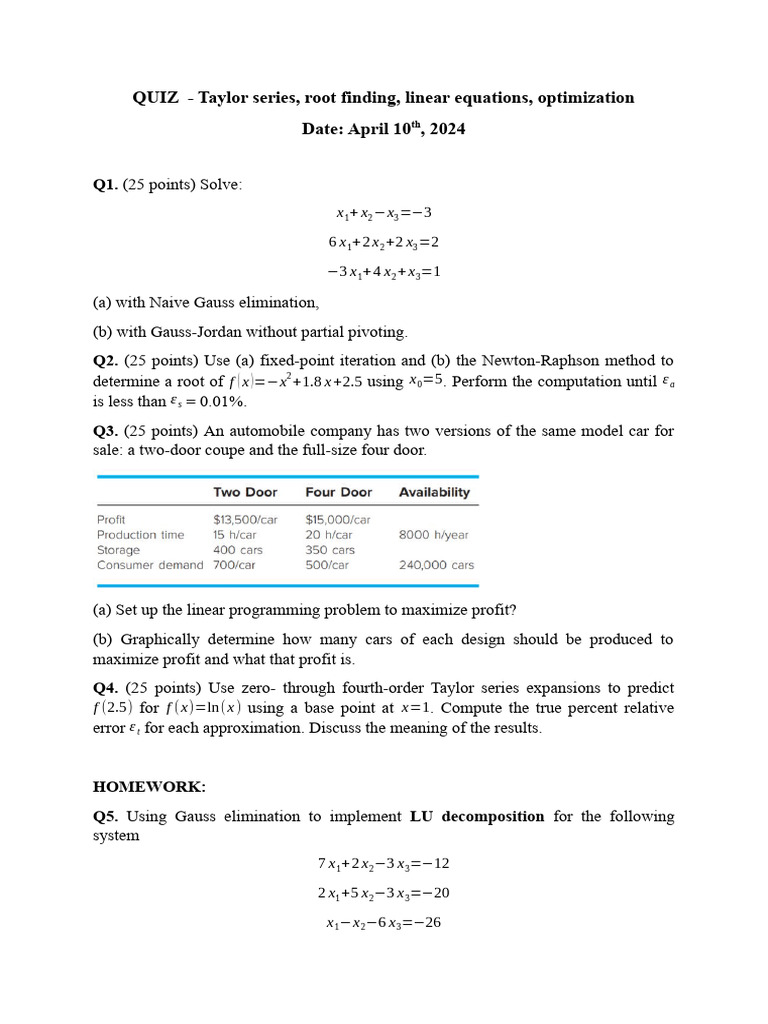 QUIZ-taylor Series, Root Finding, Linear Equations, Optimization | PDF | Applied Mathematics ...