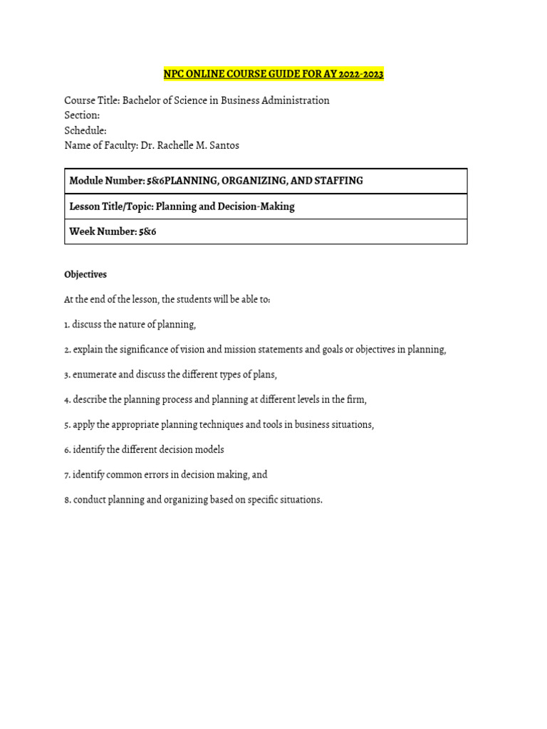 Planning and Organizing in Management | PDF | Organizational Structure ...