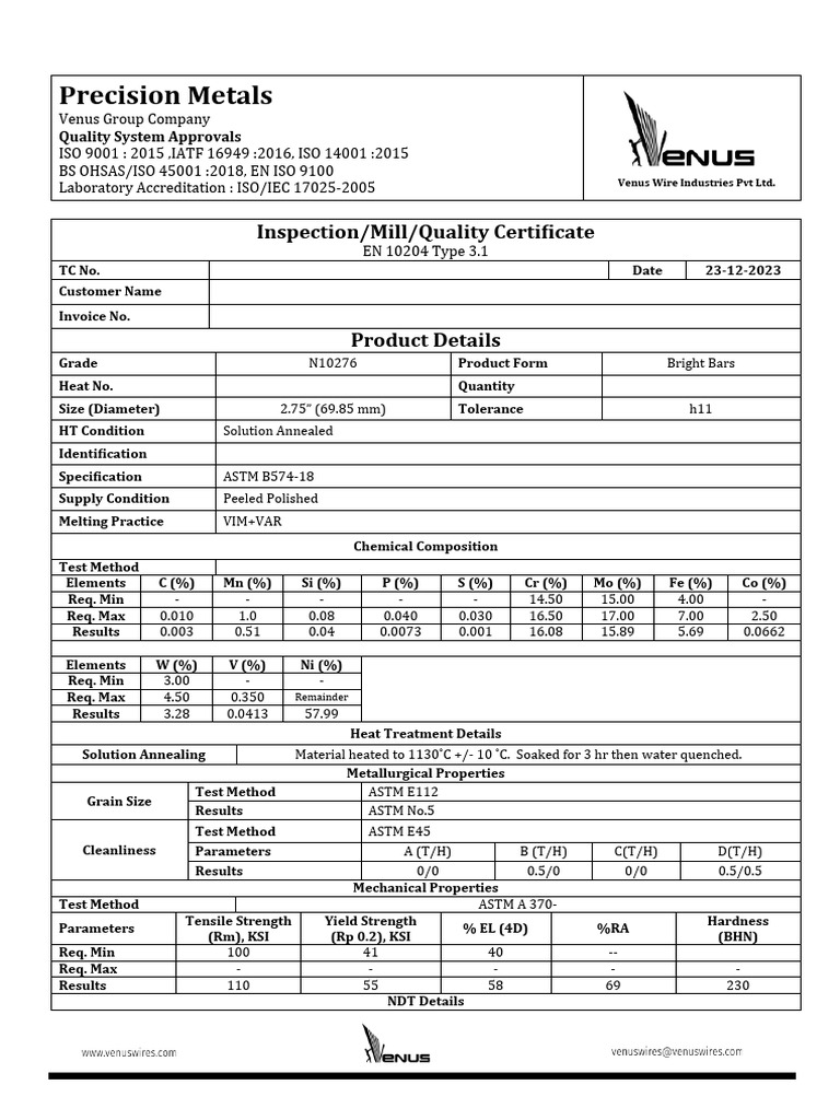 Sample MTC -C276-69.85mm | PDF | Materials | Materials Science