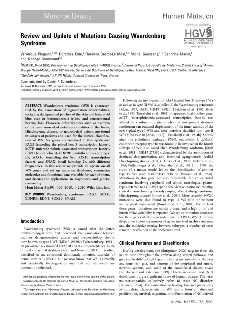 Review and Update of Mutations Causing Waardenburg Syndrome: Human Mutation | PDF | Mutation ...