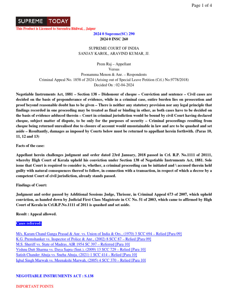 Prem_Raj_VS_Poonamma_Menon | PDF | Burden Of Proof (Law) | Lawsuit