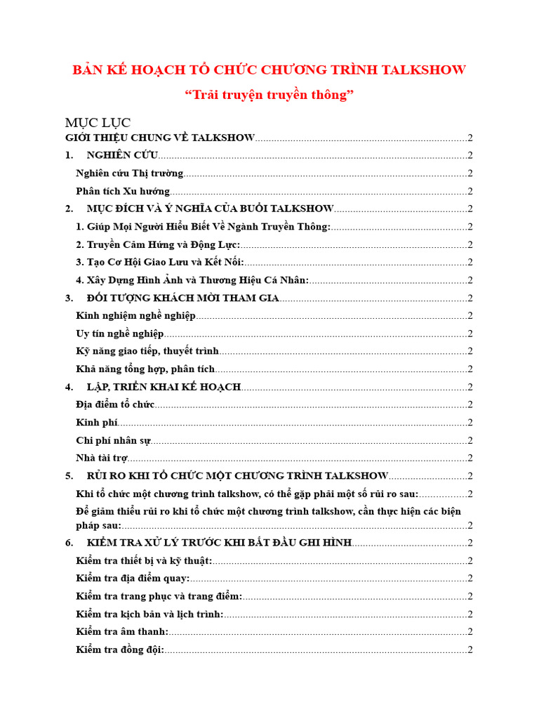 Bản Kế Hoạch Tổ Chức Chương Trình Talkshow | PDF