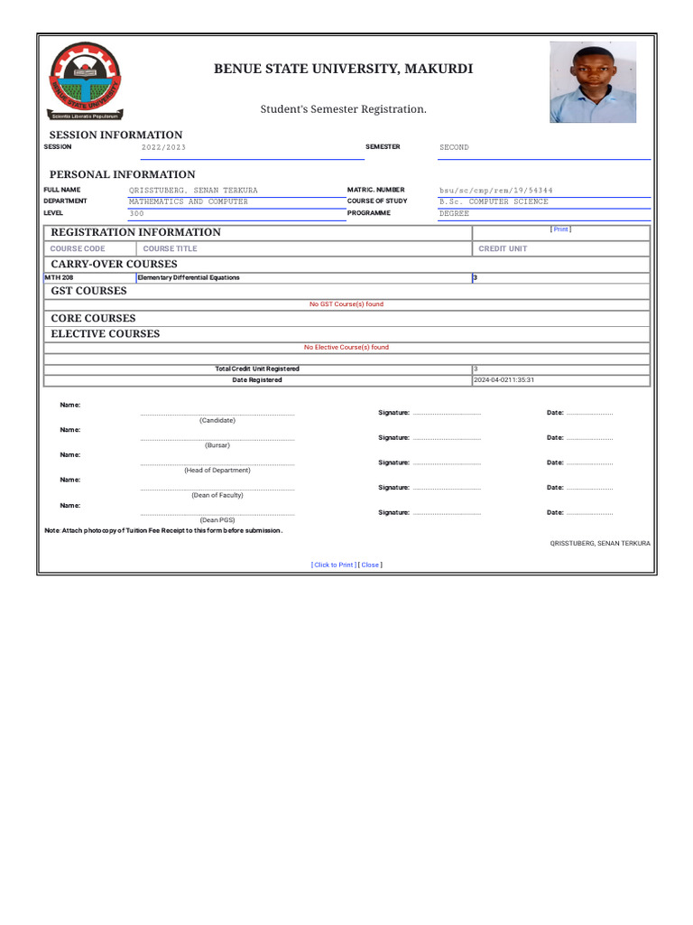 BSU Semester Registration Form 2022/2023 | PDF | Mathematics
