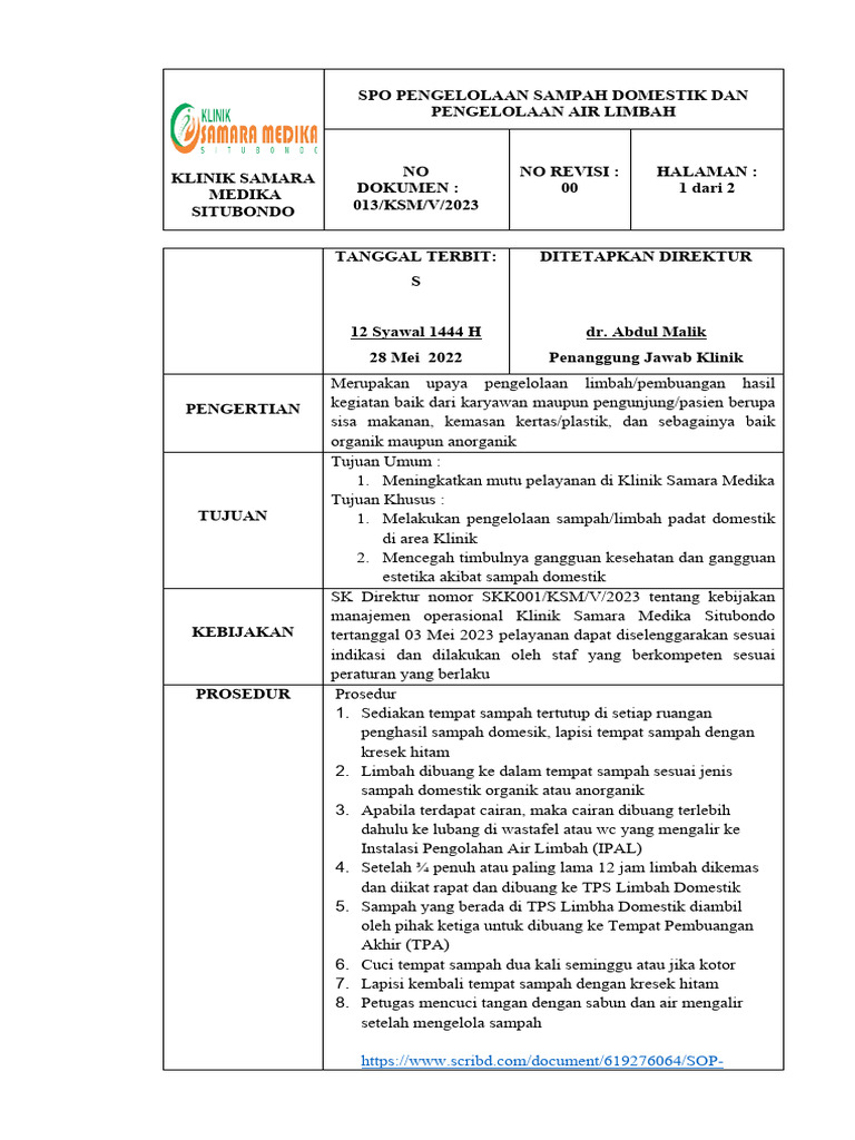 SPO PENGELOLAAN SAMPAH DOMESTIK DAN PENGELOLAAN AIR LIMBAH | PDF