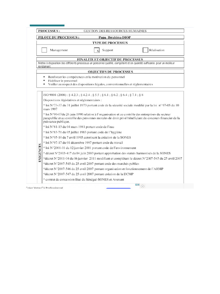 fiche processus GRH | PDF