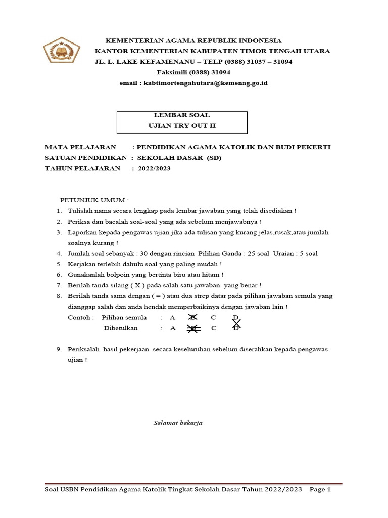 Soal Try Out Ii Pak SD Tahun 2023 | PDF
