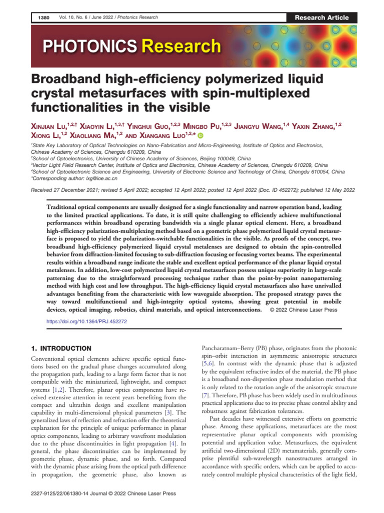 High-Efficiency Liquid Crystal Metasurfaces | PDF | Optics ...