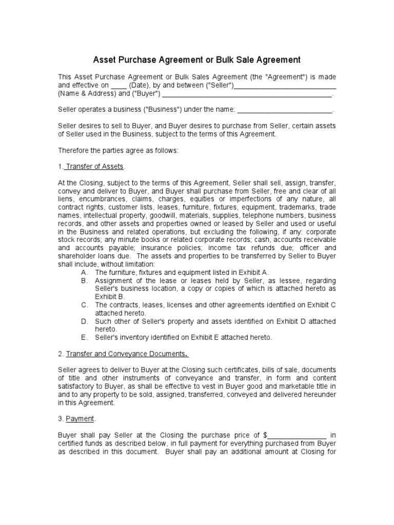 Comprehensive Asset Purchase Agreement for the Acquisition of a ...
