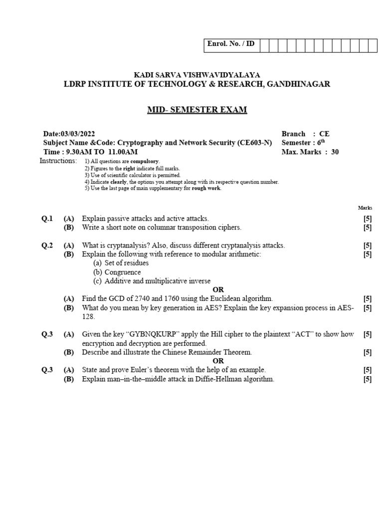 MID SEM PAPER-CNS-FEB2022 | PDF | Cipher | Cryptography