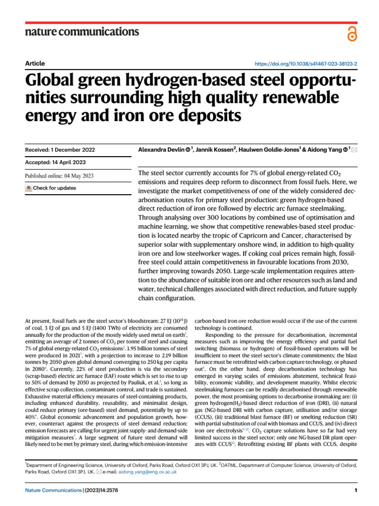 [Article] Global green hydrogen-based steel opportunities | PDF ...