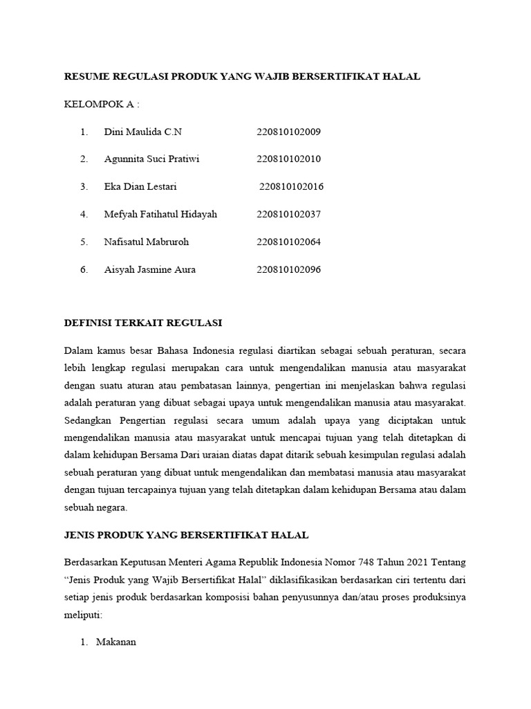 RESUME REGULASI PRODUK YANG WAJIB BERSERTIFIKAT HALAL - Kel A | PDF