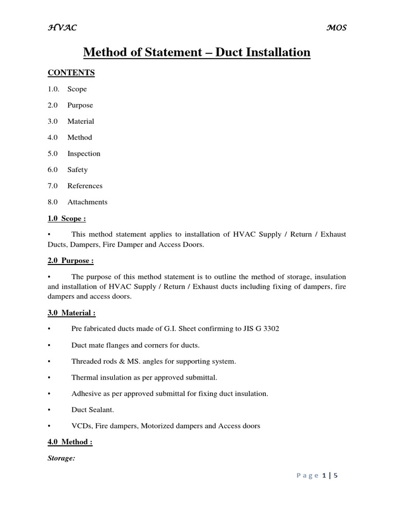 Method Statement Duct Installation | PDF | Duct (Flow) | Building Materials