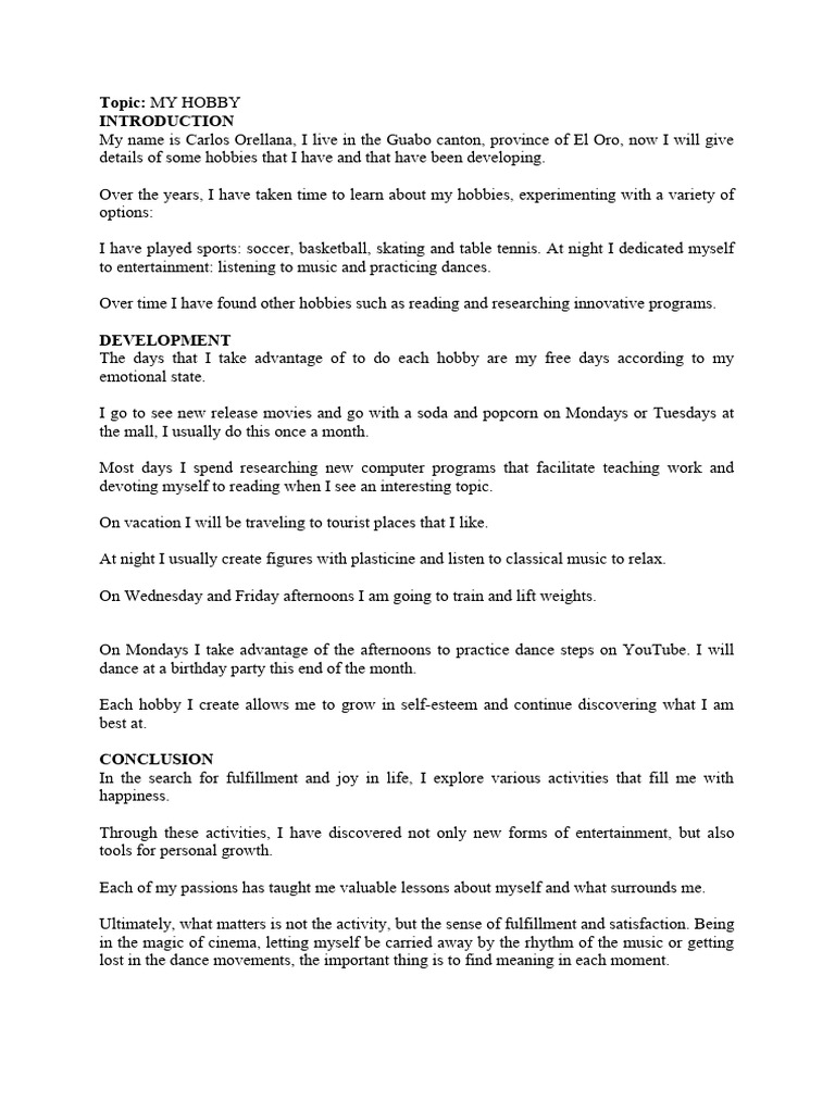 Topic - MY HOBBY | PDF | Self-Improvement