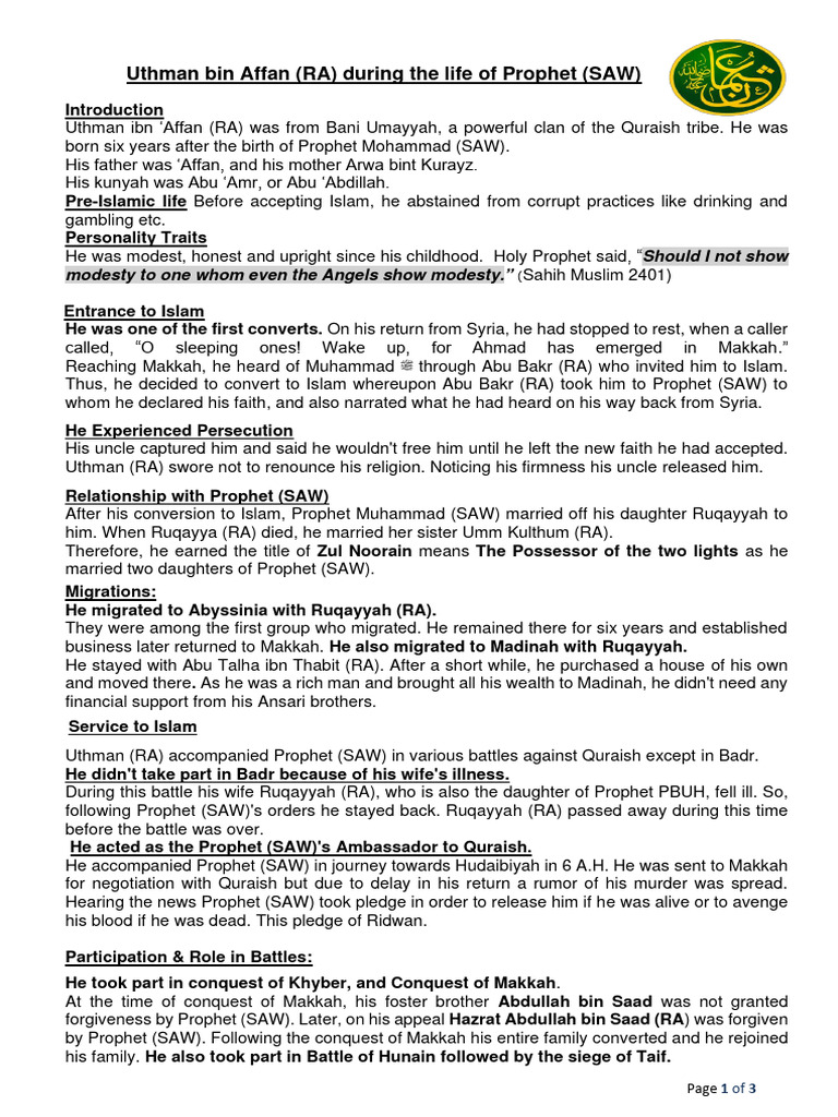 Uthman bin Affan: A Legacy of Faith | PDF | Muhammad | Quran