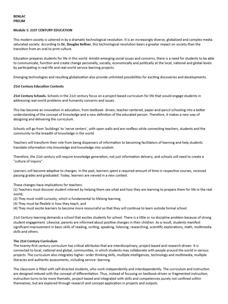 BENLAC-REVIEWER-PRELIM-MODULE 1 AND 2 | PDF | Learning | Project Based Learning