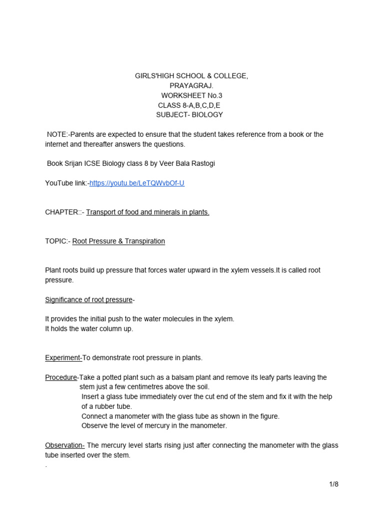 Class-8-Biology-WS-3 | PDF | Nutrients | Water