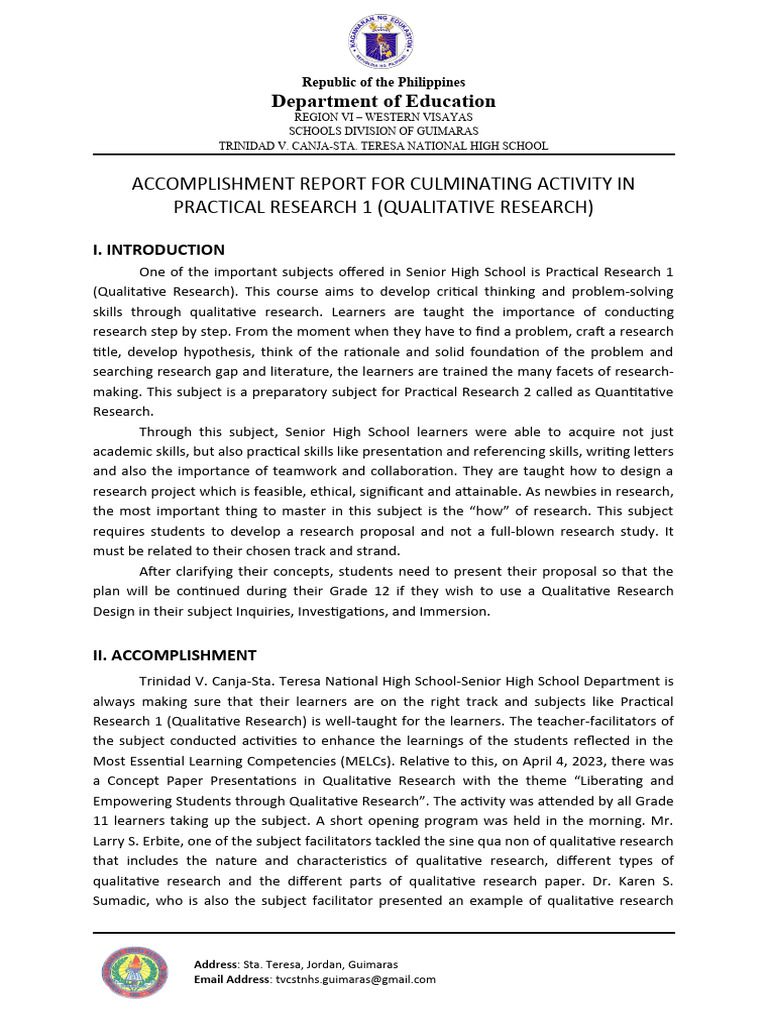 Accomplishment - Practical Research 2 | PDF | Cognition | Learning