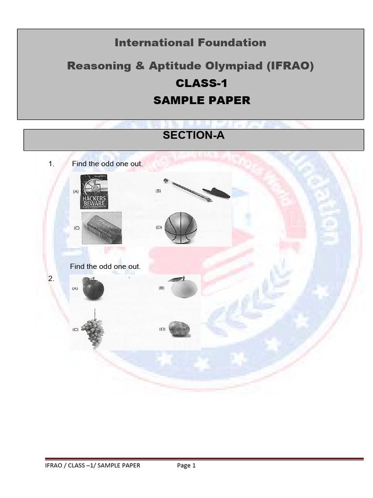 Sample Paper Class - 1 | Download Free PDF | Shape | Mathematics