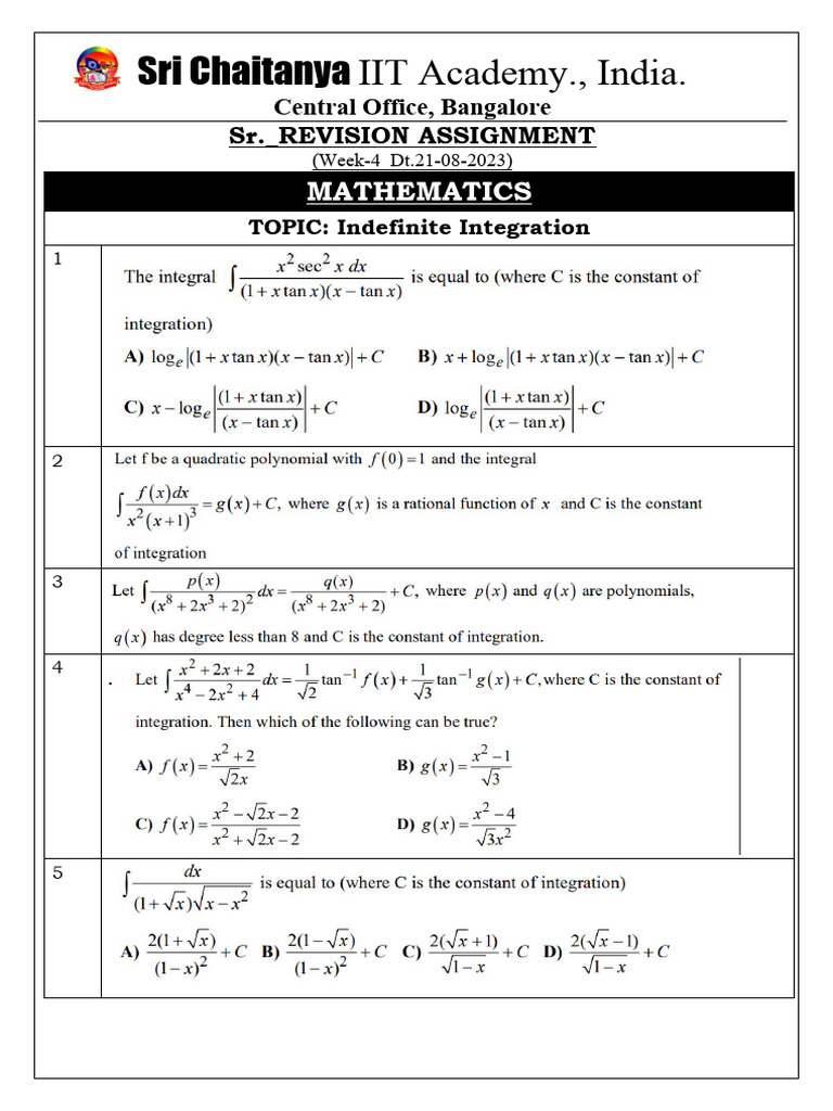 #1 - MAT - REV - ASSN - W-4 - 21-08-2023 - (Indefinite Integrals) | PDF
