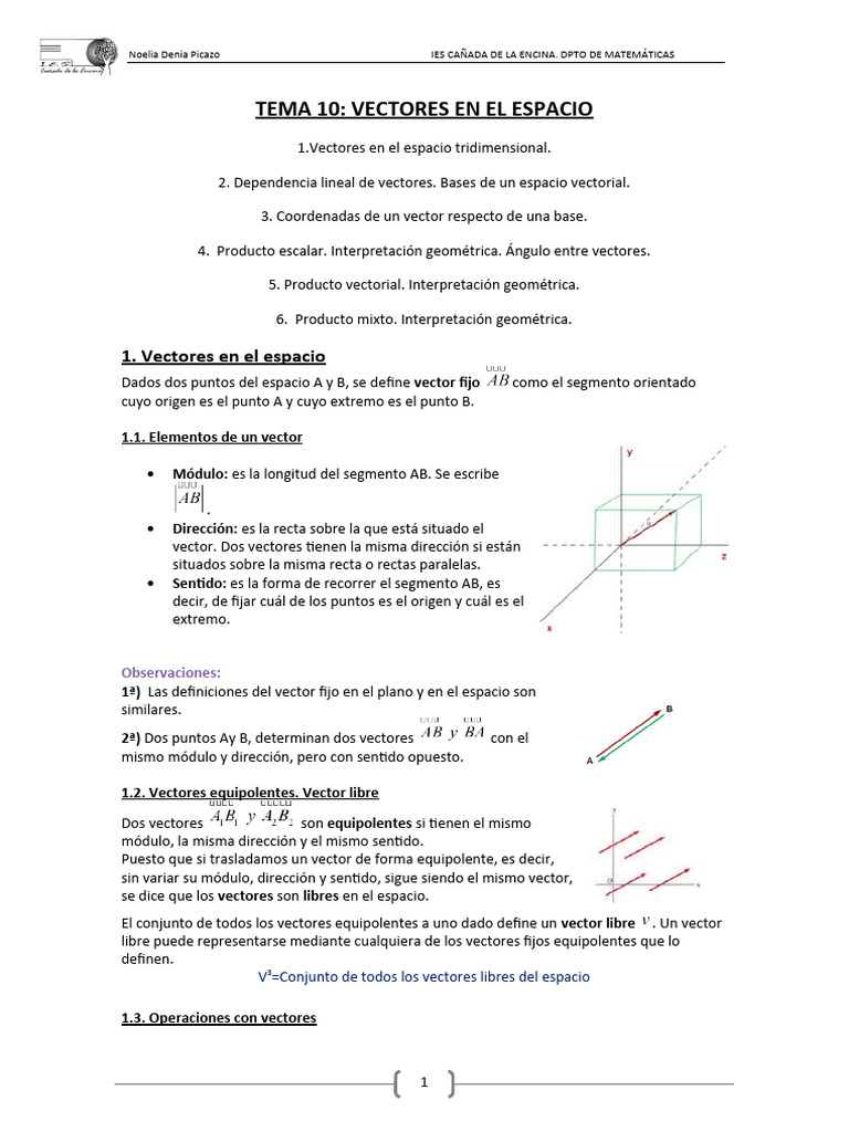 TEMA 10 Vectores en El Espacio | PDF | Vector Euclidiano | Espacio vectorial