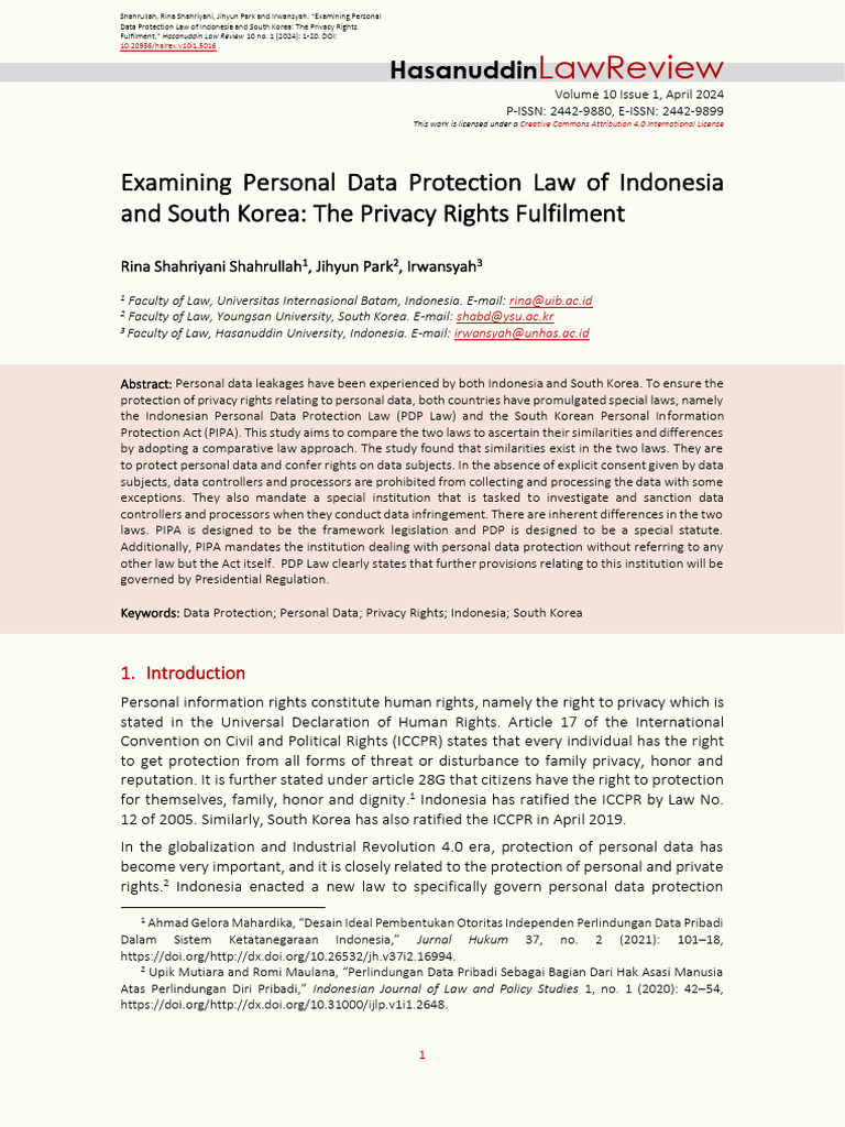 Lawreview: Examining Personal Data Protection Law of Indonesia and ...
