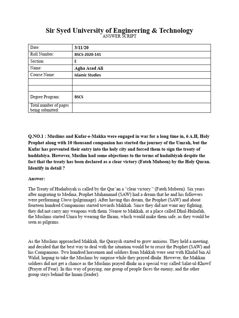 Answer Script Template Islamiat | PDF | Muhammad | Ummah