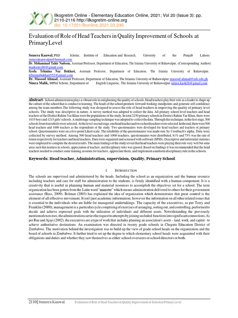 Evaluation of Role of Head Teachers in Quality Improvement of Schools at Primary Level | PDF ...