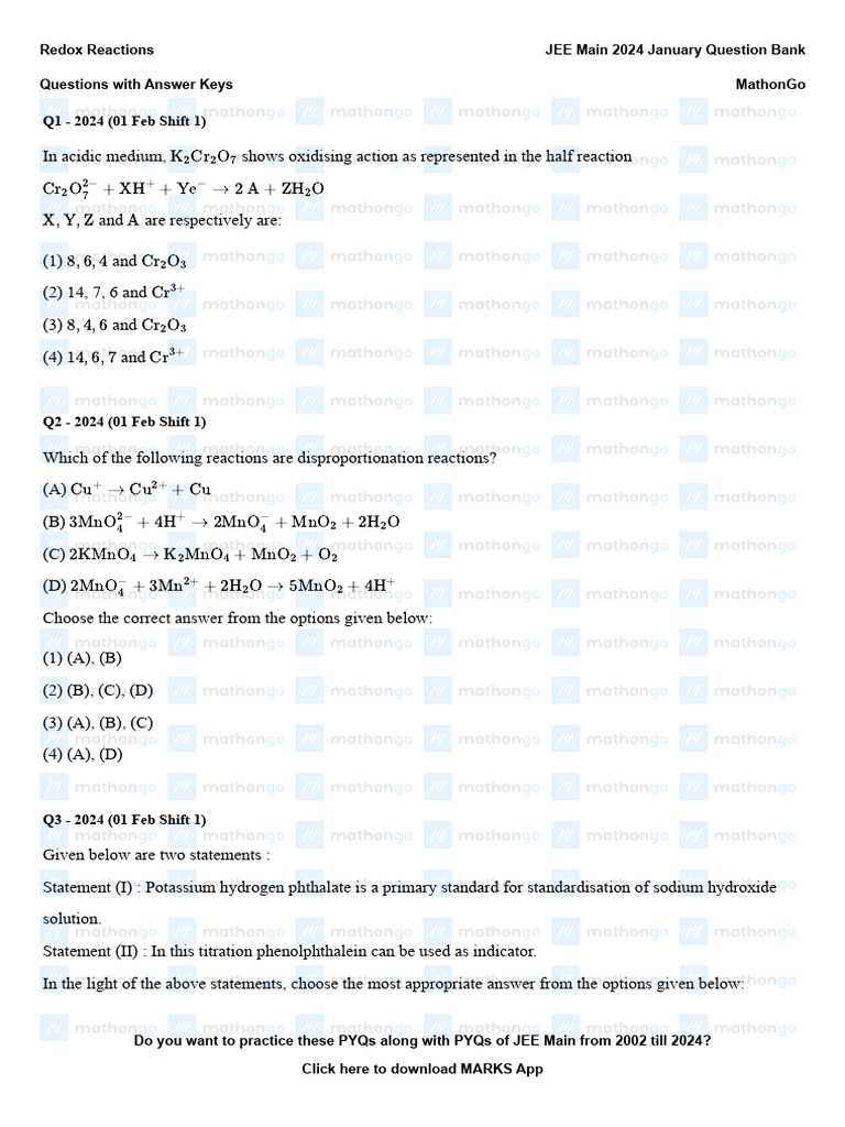 Redox Reactions - JEE Main 2024 January Question Bank - MathonGo | PDF | Titration | Chemistry