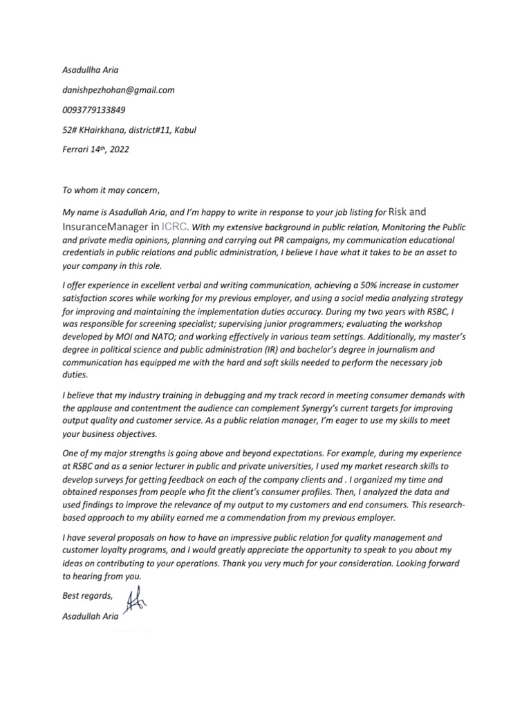 Cover Letter To ICRC | PDF | Public Relations | Business